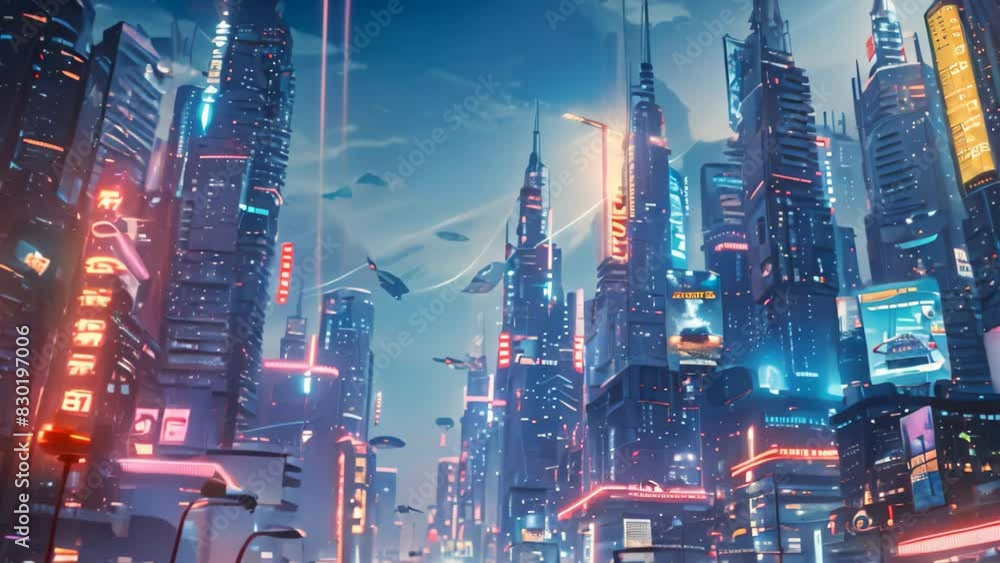 A modern city illuminated by neon lights at night, showcasing towering ...