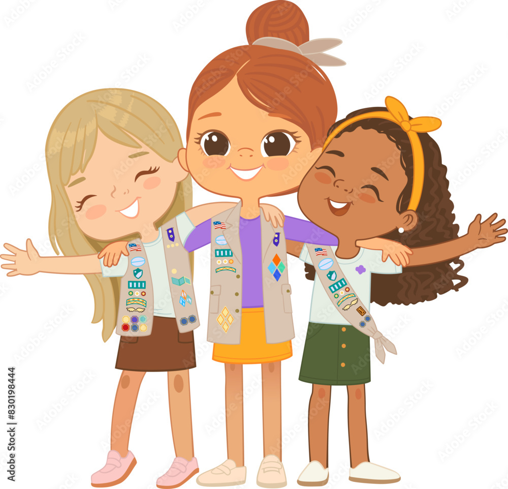Happy multi ethnic multi aged girls scout hug. Girls Scout happily hug ...