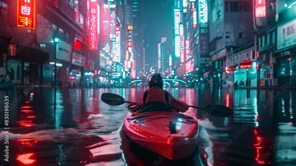 A person in a kayak navigating through a city street in a futuristic ...
