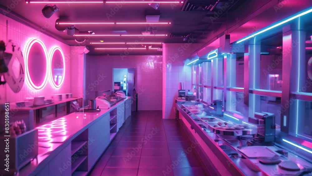 A modern restaurant glowing in pink and blue neon lights, A futuristic ...