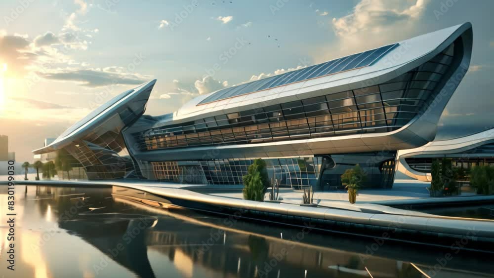 Artistic rendering of a futuristic school building with sleek metallic ...