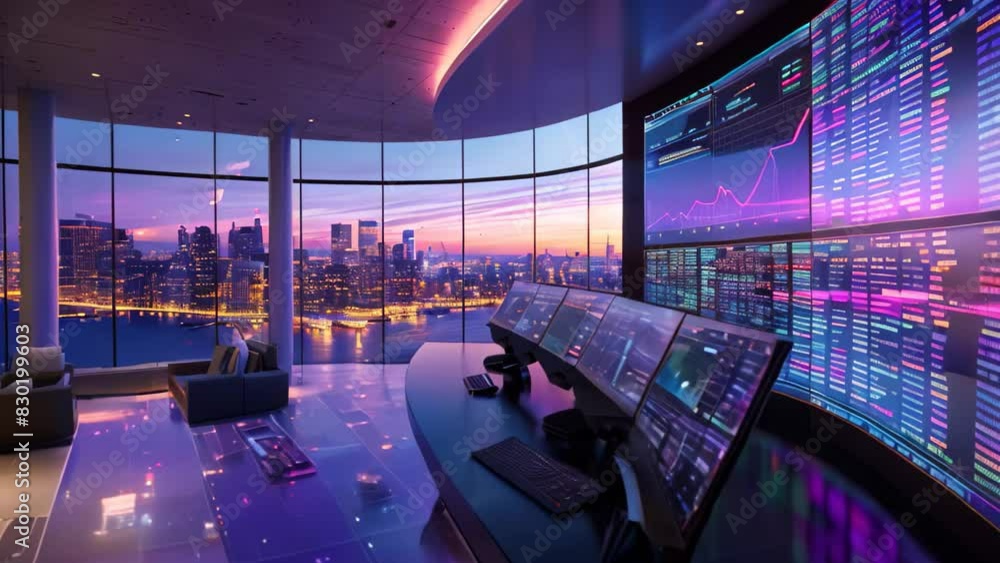 A large monitor displays financial forecasting data in a room with a ...