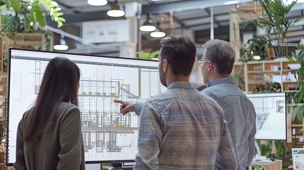 Professionals are looking at a large interactive whiteboard display ...