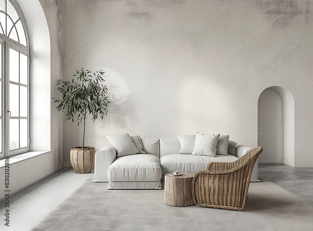 white living room with grey carpet, sofa and rattan chair, large window ...