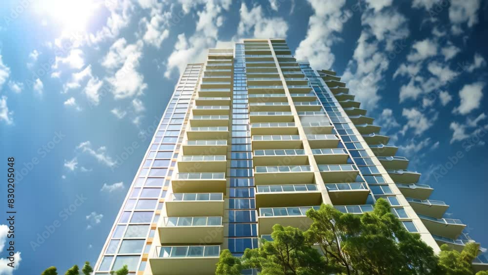 A high-rise building featuring multiple balconies extending from its ...