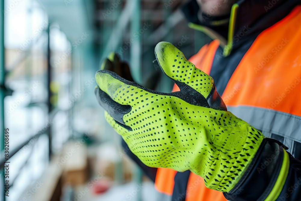 Worker wearing green and black safety gloves in an office, focused on ...