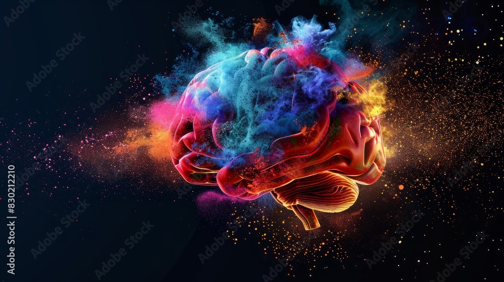 Colorful brain explosion representing cognitive overload, creativity ...