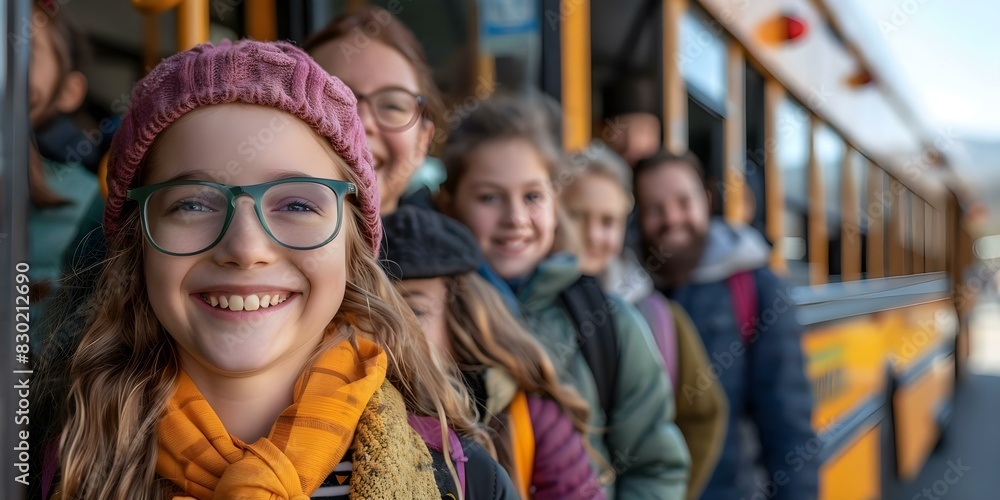 Enthusiastic students teachers and parents boarding a school bus for a ...