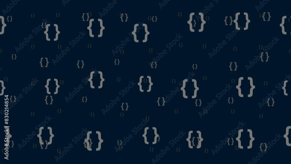 Curly brackets symbols float horizontally from left to right. Parallax fly effect. Floating ...