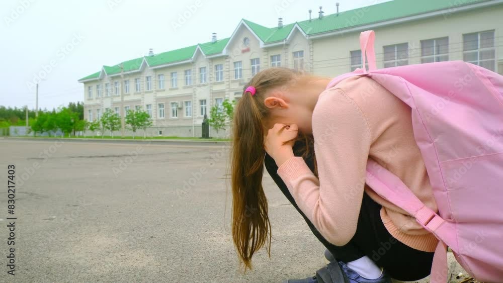 Upset school girl. Back to school. Child girl with backpack has bad ...