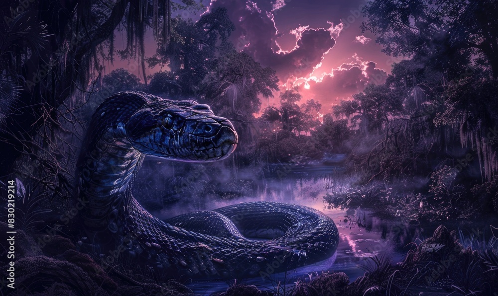 Snake guarding river, violet night lighting, fantasy background with ...