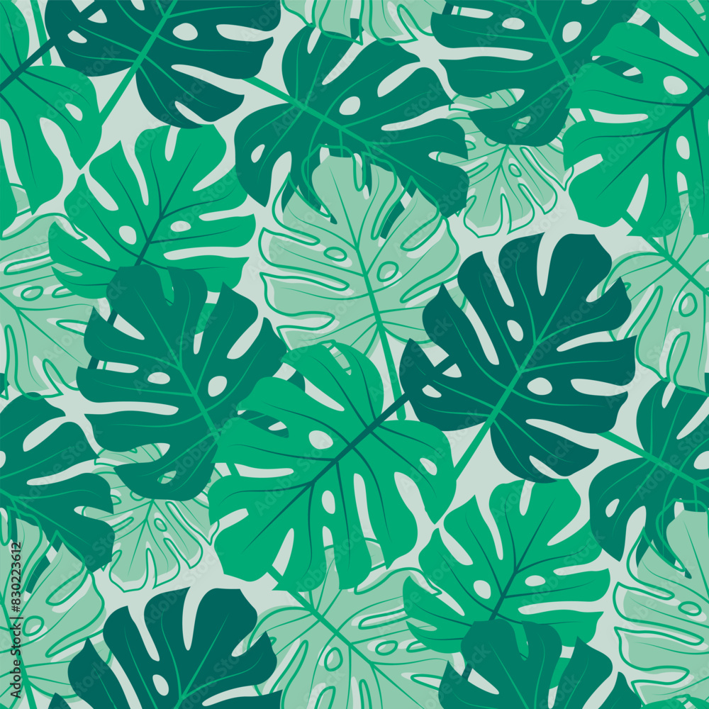 Seamless pattern of monstera leaves. Green tropical leaf floral ...