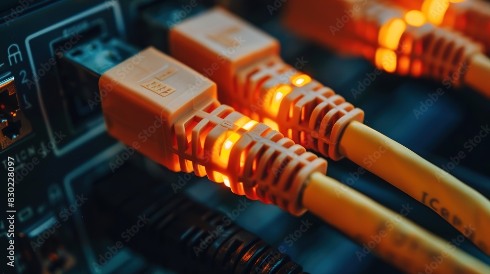 High speed data transfer: Ethernet cables connected to network switch ...