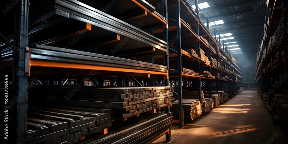 Metal bars stacked in an industrial warehouse with shelves and multiple ...