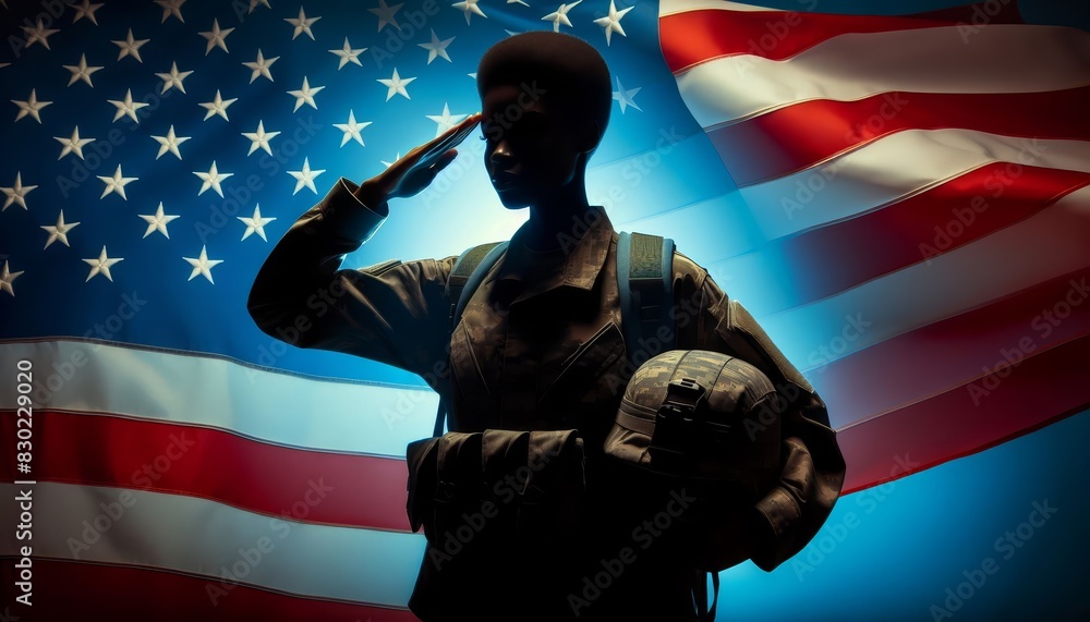 African American female soldier saluting US flag - A uniformed figure ...