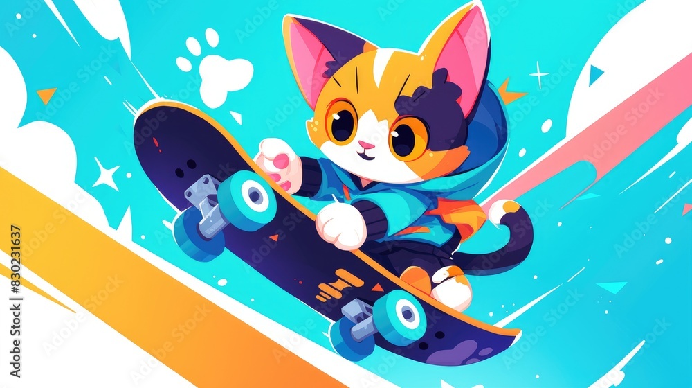 An adorable calico kitten is skateboarding on a cool cat themed 2d ...