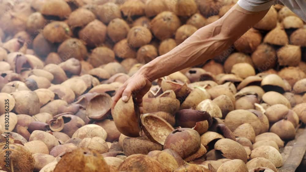 Traditional farmer smoke drying coconut meat on rack for copra ...
