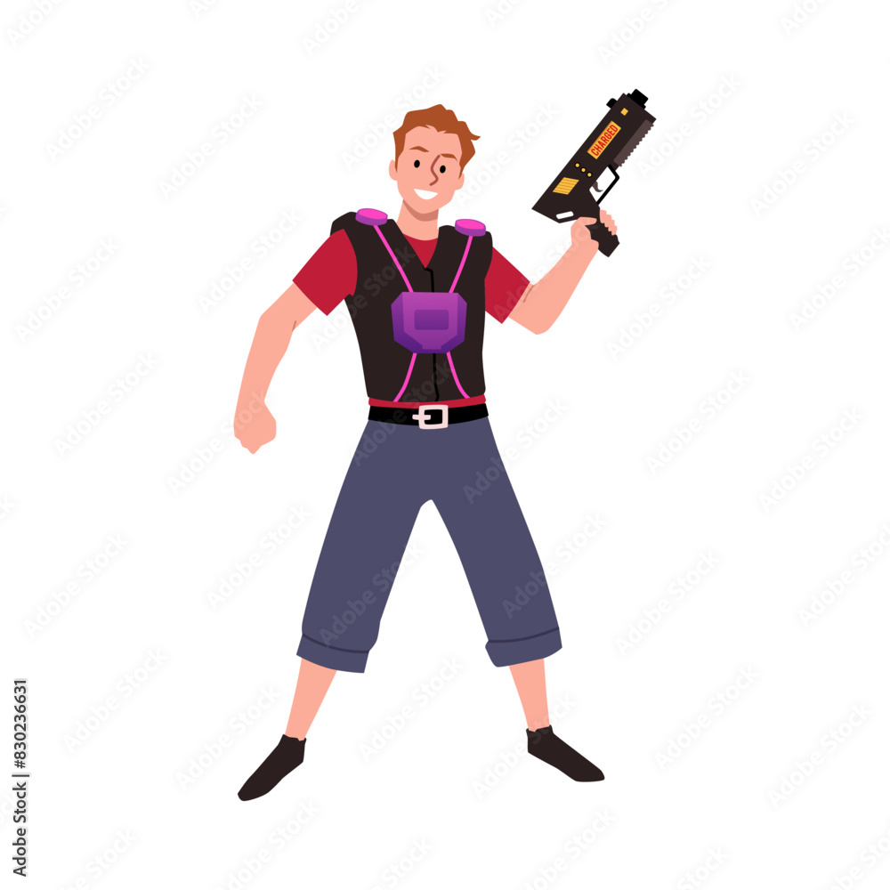 Laser tag player man, vector cartoon gamer character in laser tag ...