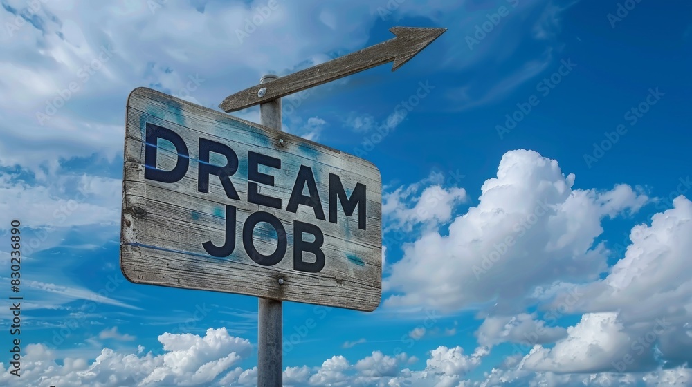 road sign against a bright blue sky with the words DREAM JOB and an ...