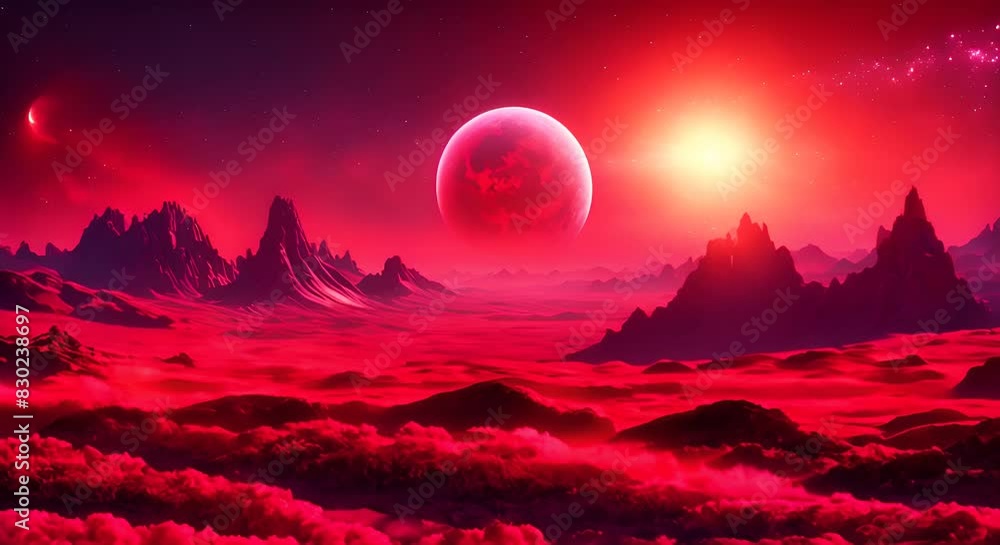 Fantasy world with red gradient sunset Futuristic cosmic animation ...