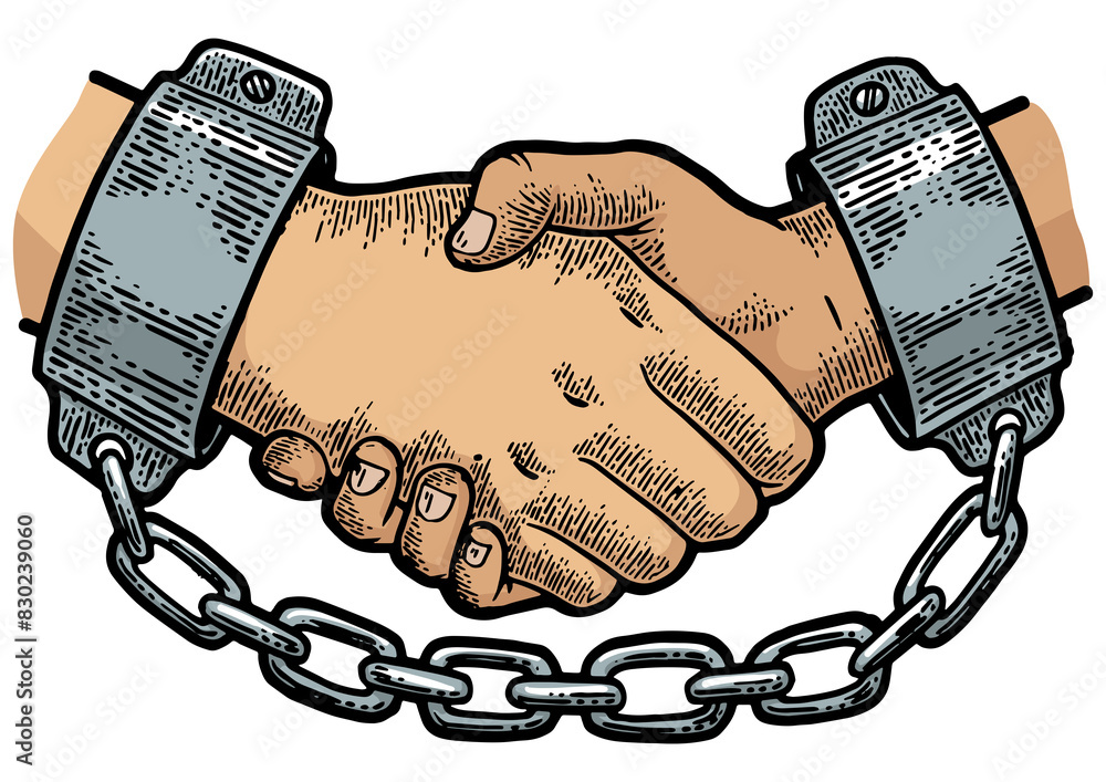 Handshake of prisoners in shackles with chain sketch engraving color ...