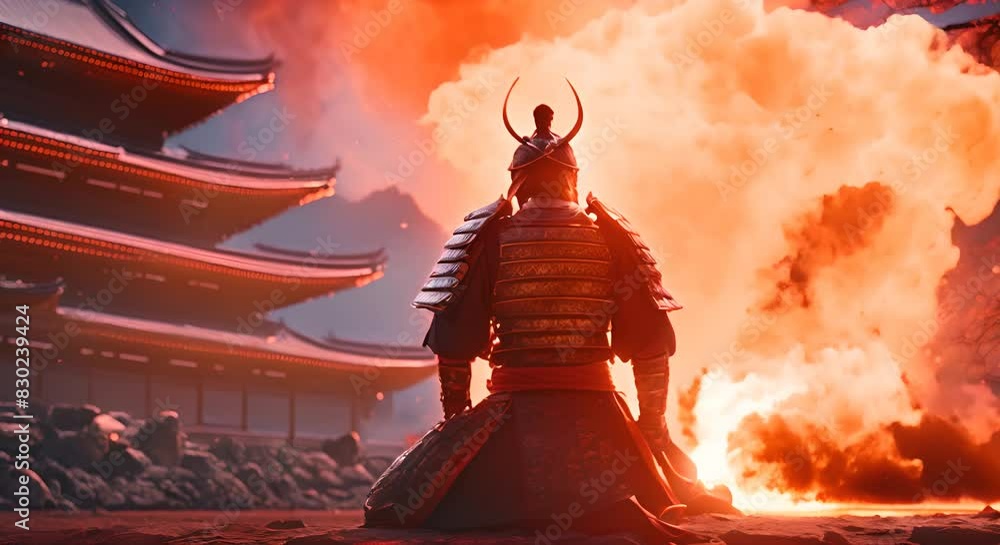 Samurai warrior wearing full plate armor Kneel on battlefield ground ...