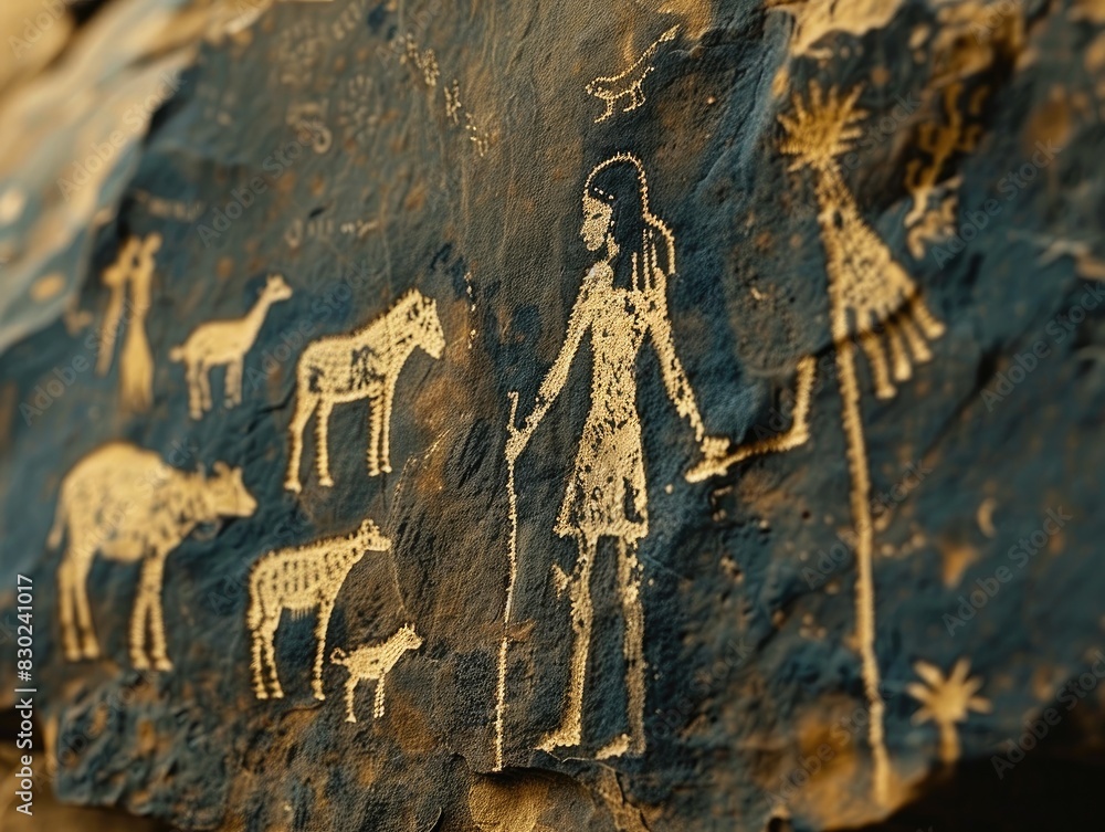 A close-up of ancient petroglyphs etched into a rock face, showing ...