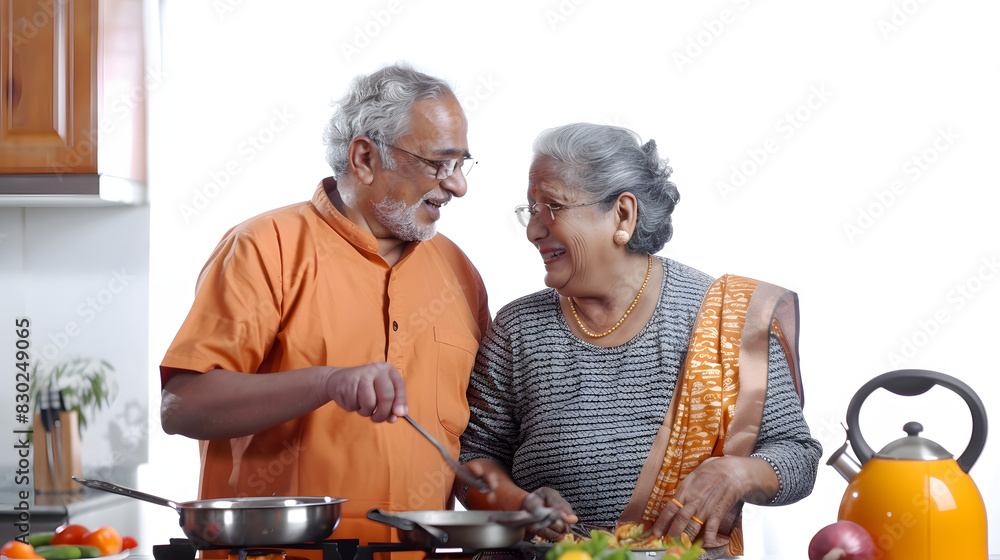Indian asian retired old senior couple singing in kitchen while cooking ...
