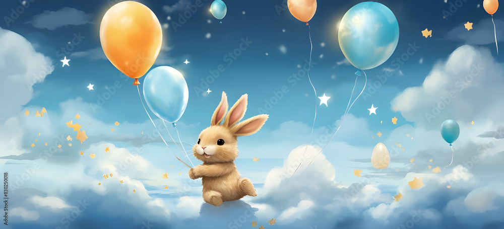 Illustrate the baby rabbit floating with balloons as the sun rises ...