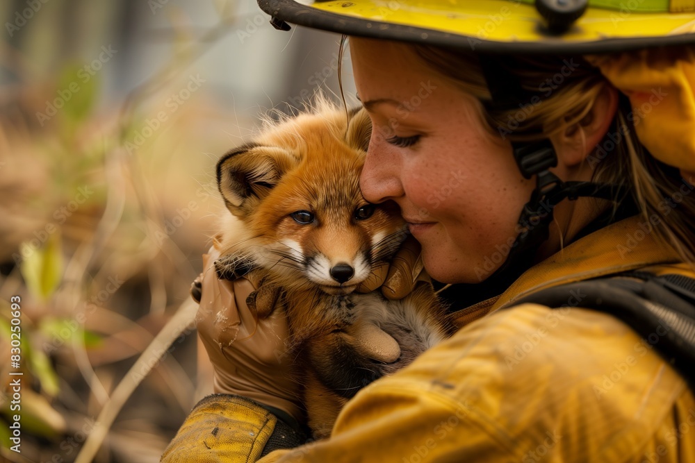 Girl firemans hat holds baby fox in hands amidst forest fire, act ...