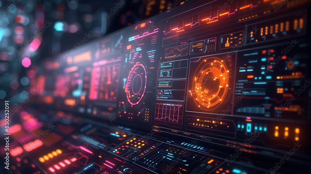 Futuristic control panel with glowing interactive displays and graphs ...