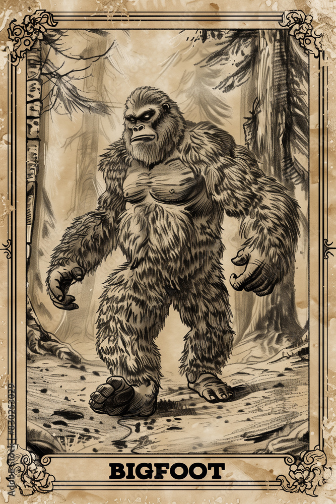 Bigfoot poster cryptid art. Sasquatch card illustration. Yowie artwork ...