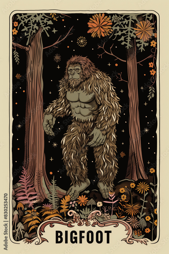 Bigfoot poster cryptid art. Sasquatch card illustration. Yowie artwork ...