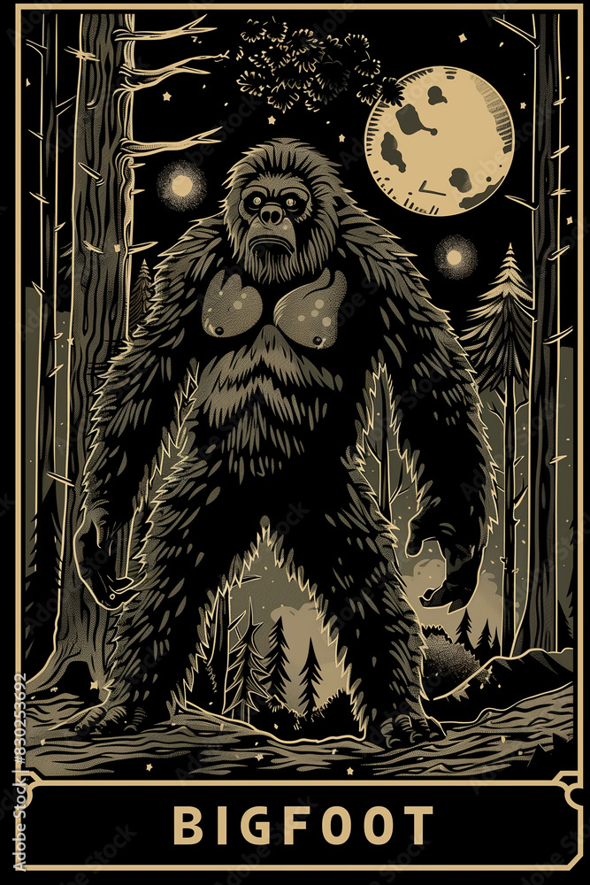 Bigfoot poster cryptid art. Sasquatch card illustration. Yowie artwork ...