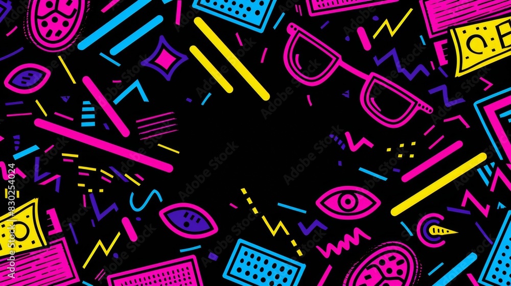 Retro 80s style background with flashy colors and blank middle section ...