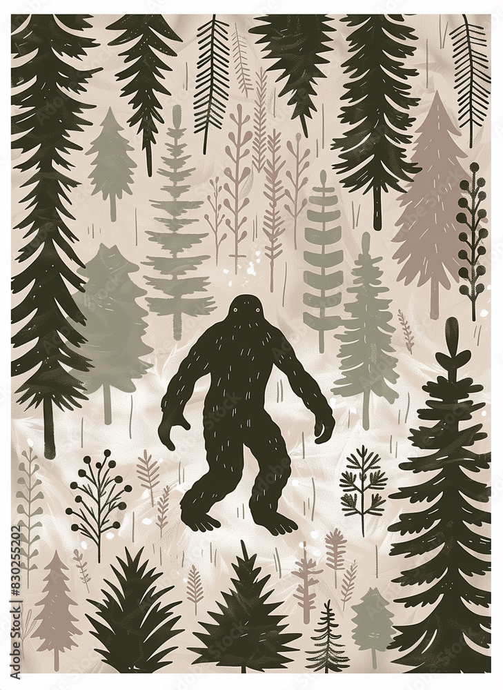 Bigfoot poster cryptid art. Sasquatch card illustration. Yowie artwork ...