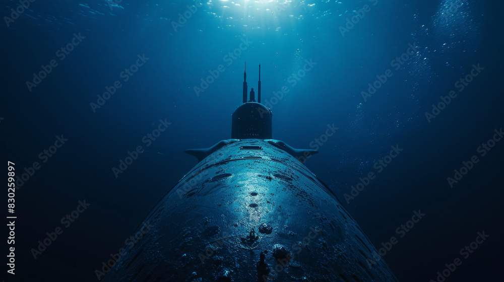 Modern submarine in deep sea, bottom view. navy blue underwater ...