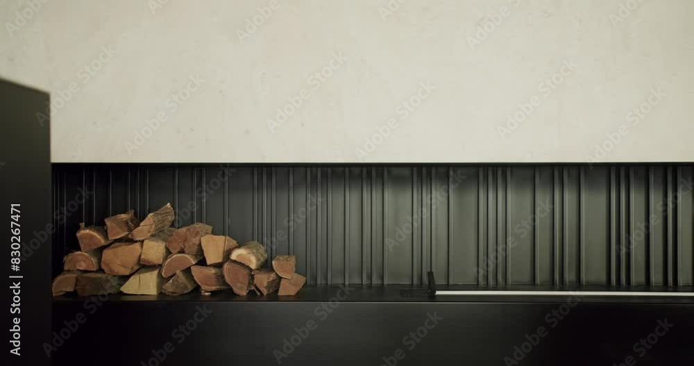 A minimalist home interior featuring a neat stack of firewood against a ...