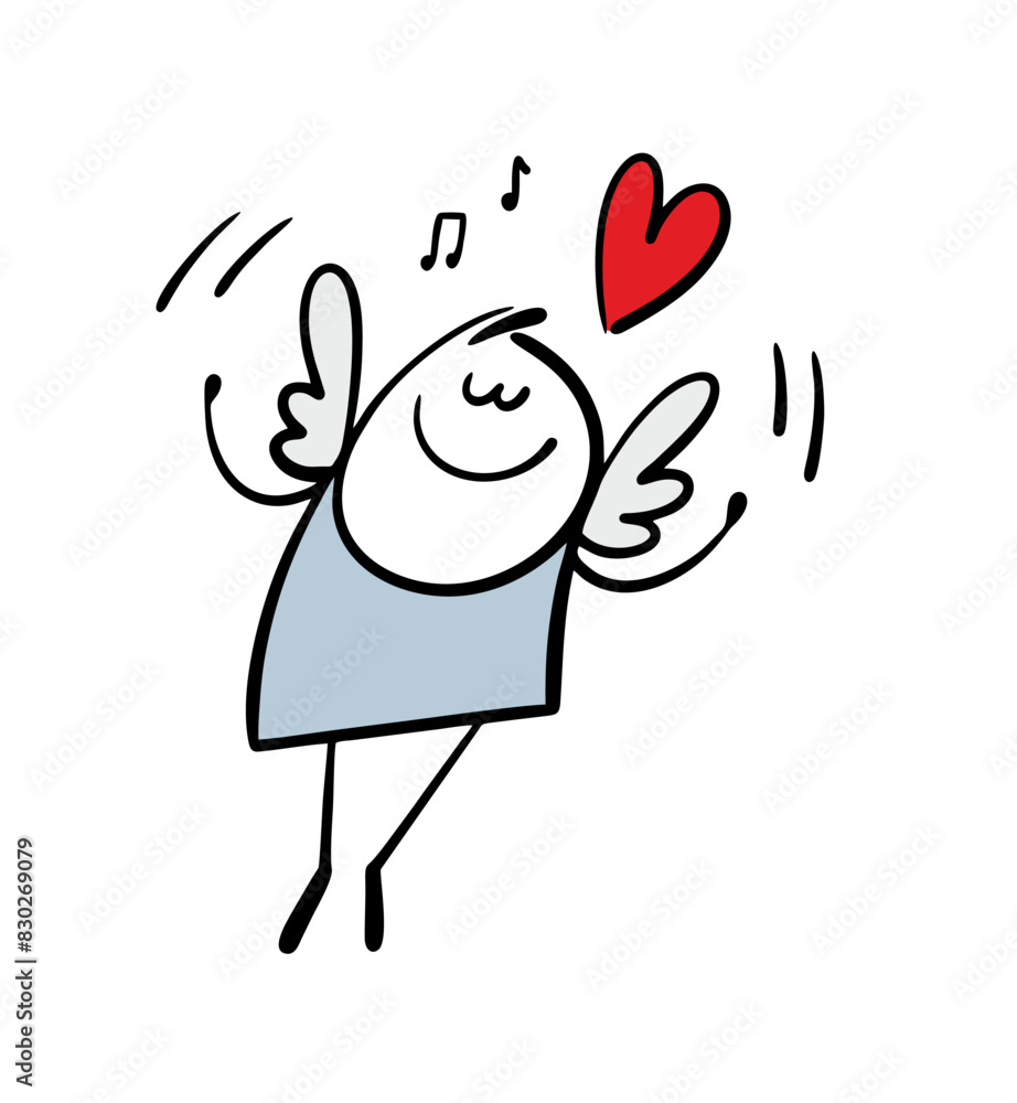 Cartoon happy angel flies after the heart and sings. Vector ...