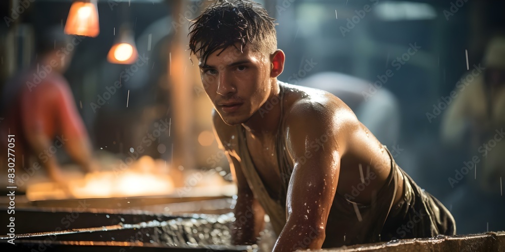 Men toil in a sweltering factory, perspiring and unwell. Concept ...