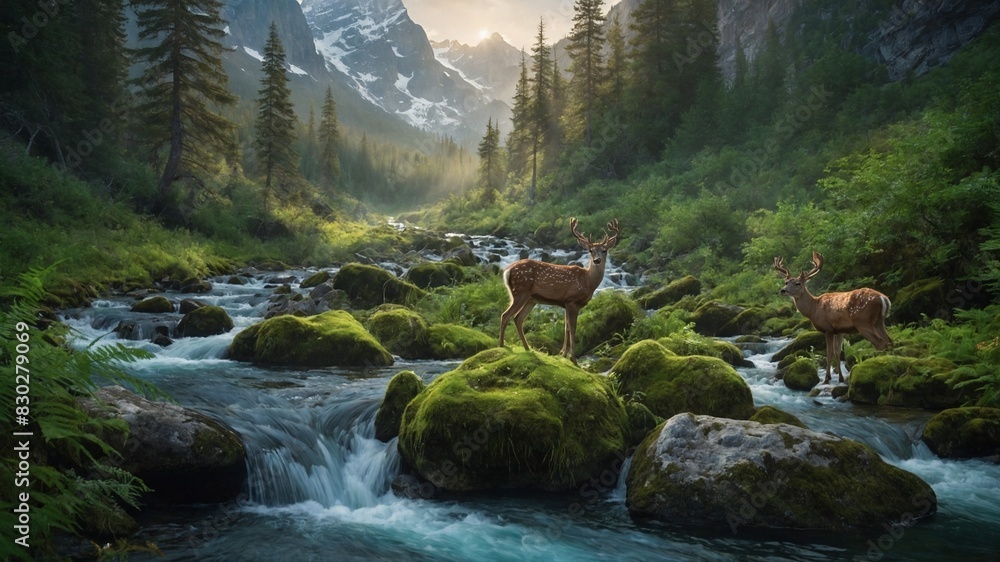 Two deer inhabit vibrant forest with river, moss-covered rocks under ...