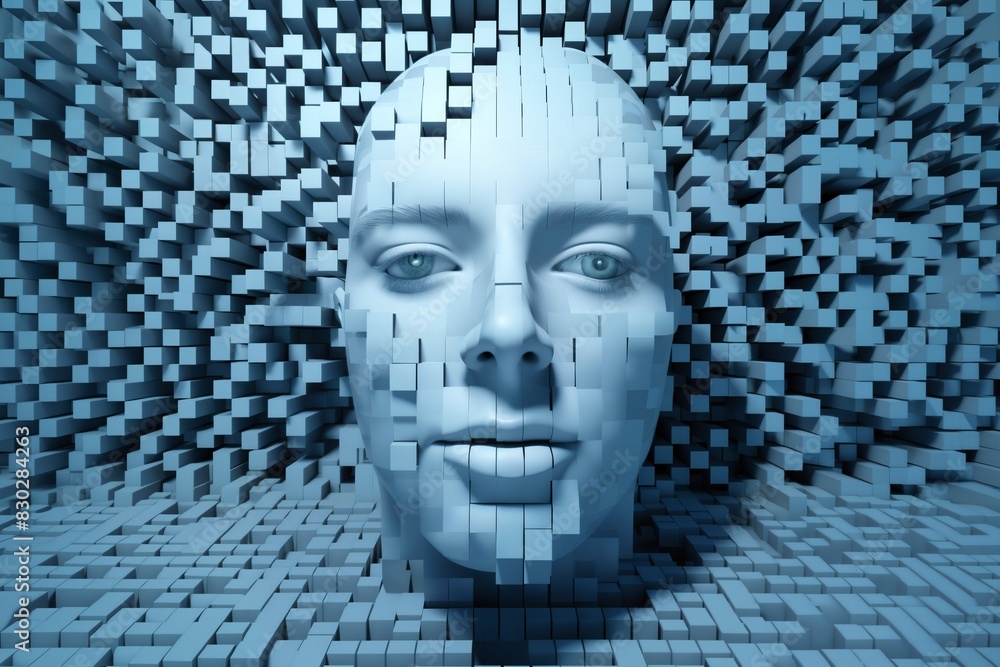 humanoid face with 3D cubes and shapes, and particles around her face ...
