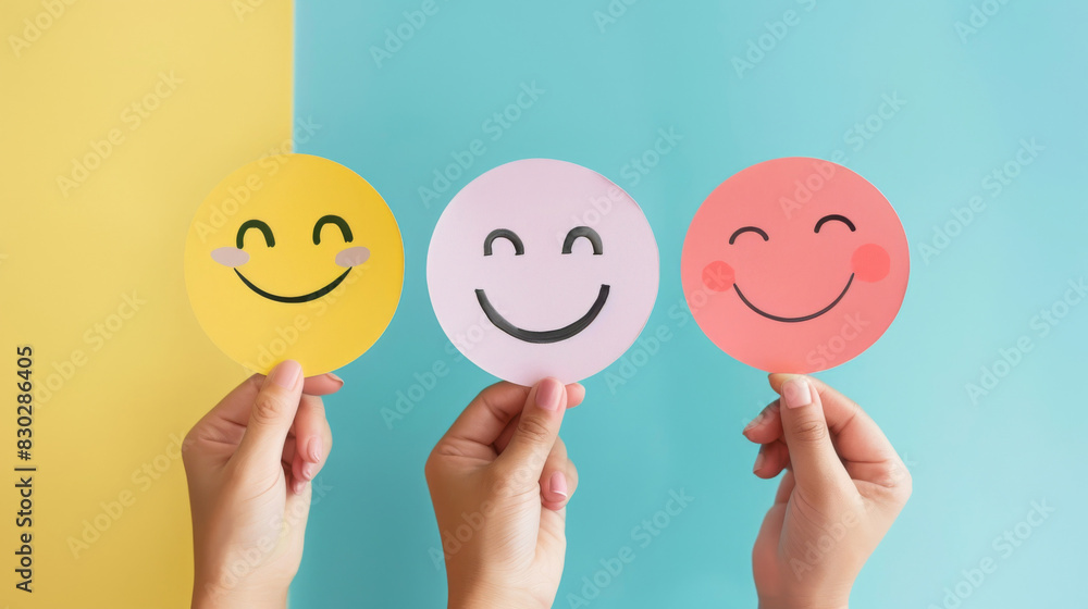 Three hands presenting paper emoticons with happy faces against a split ...