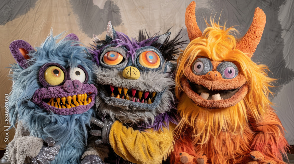 Three whimsical, furry puppets with vibrant colors and exaggerated ...