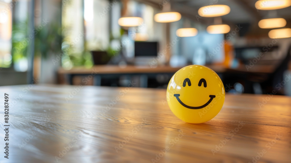Yellow smiley face ball on blurred office background, positive vibe ...