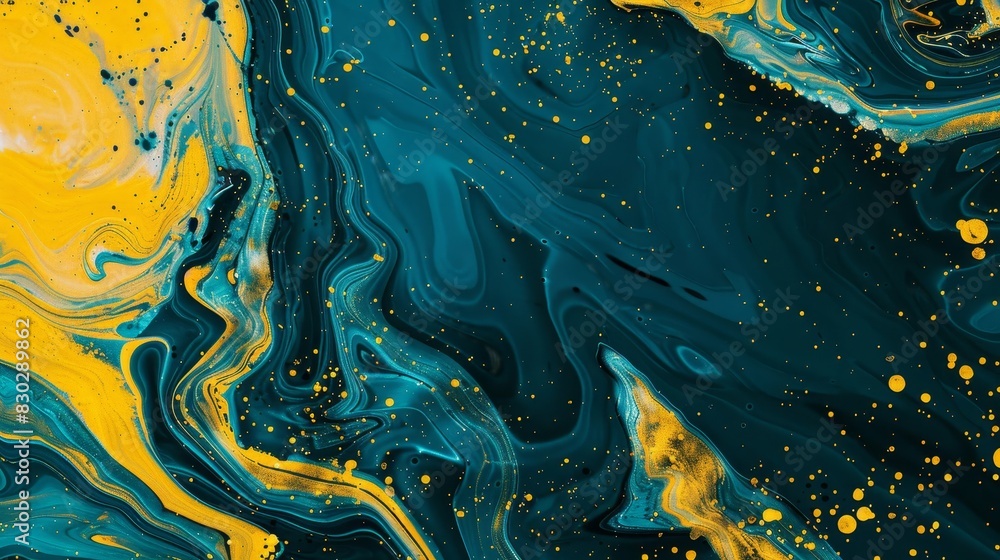 Dynamic background bright lemon yellow to deep teal shades marbled ...