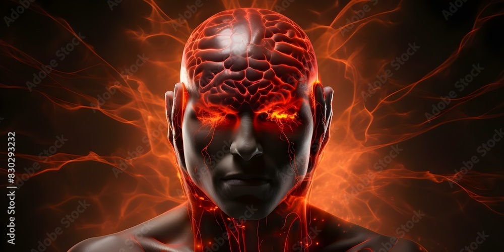Person with encephalitis holding head in confusion with brain ...
