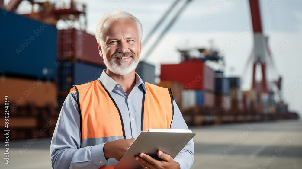Engineer wearing uniform with logistics container dock cargo yard with ...