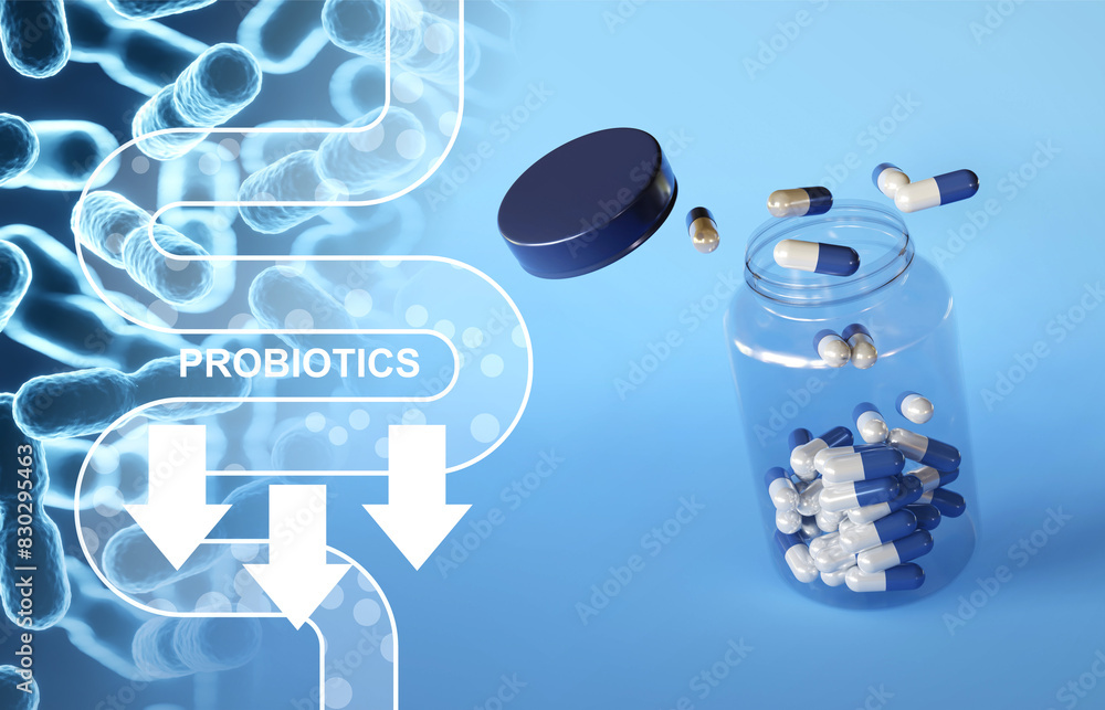 Probiotics banner template. Probiotic in capsule. Human microbiome ...