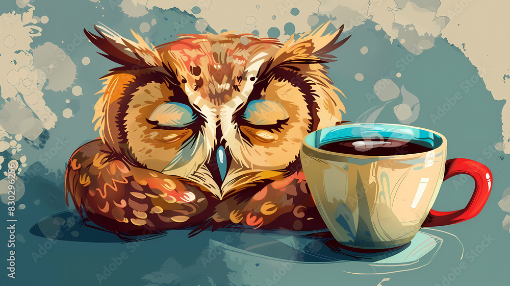 Vividly Colored Sleepy Cartoon Owl with a Steaming Cup of Coffee in an ...